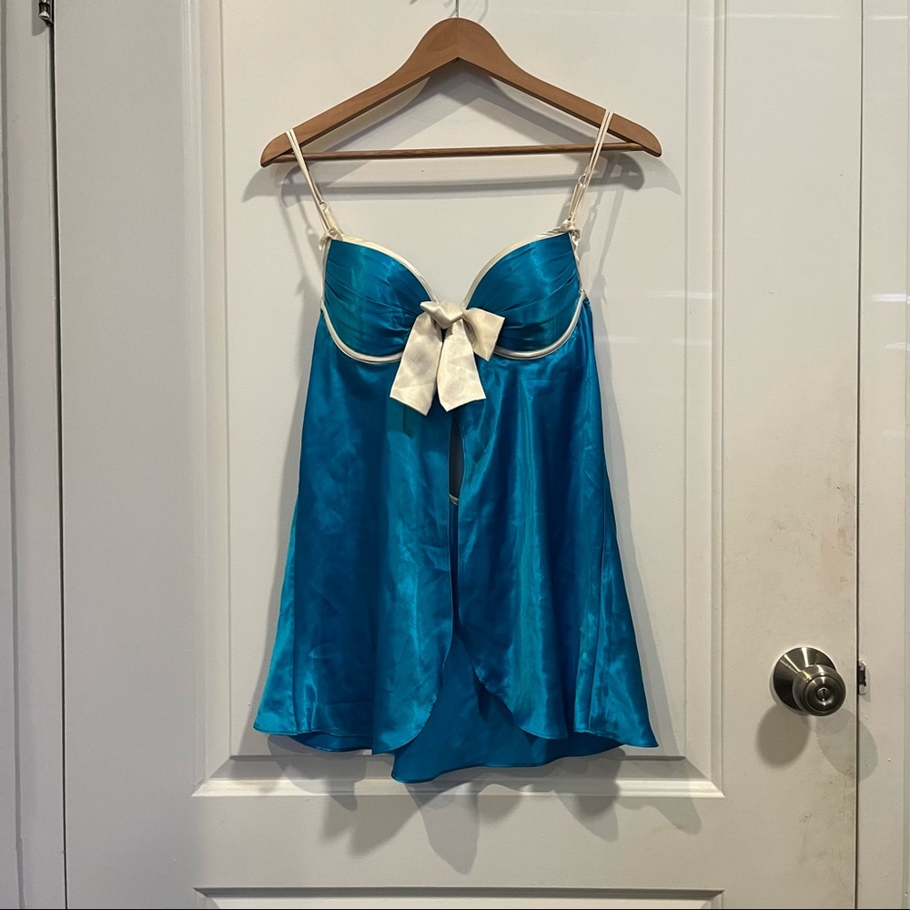 Victoria’s Secret Blue Satin Chemise With White Bow - Gem